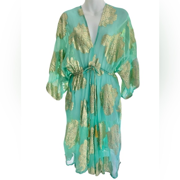 Swim | Brand Stunning Turquoise Gold Metallic Lame Floral Design Swim ...